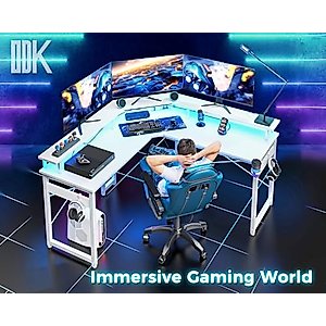 ODK L Shaped Gaming Desk with LED Lights & Power Outlets, 51" Computer Desk with Full Monitor Stand, Corner Desk with Cup Holder, Gaming Table with Hooks, White Carbon Fiber