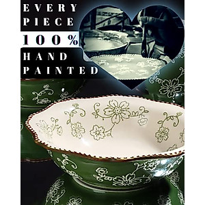 KUNABOO Artisanal Ceramic Soup Bowl, Dinner Bowls Ceramic, Dinner Bowls Set of 4-14 oz - Sakura Floral Series Pine Green - Ready to Wrap Gift