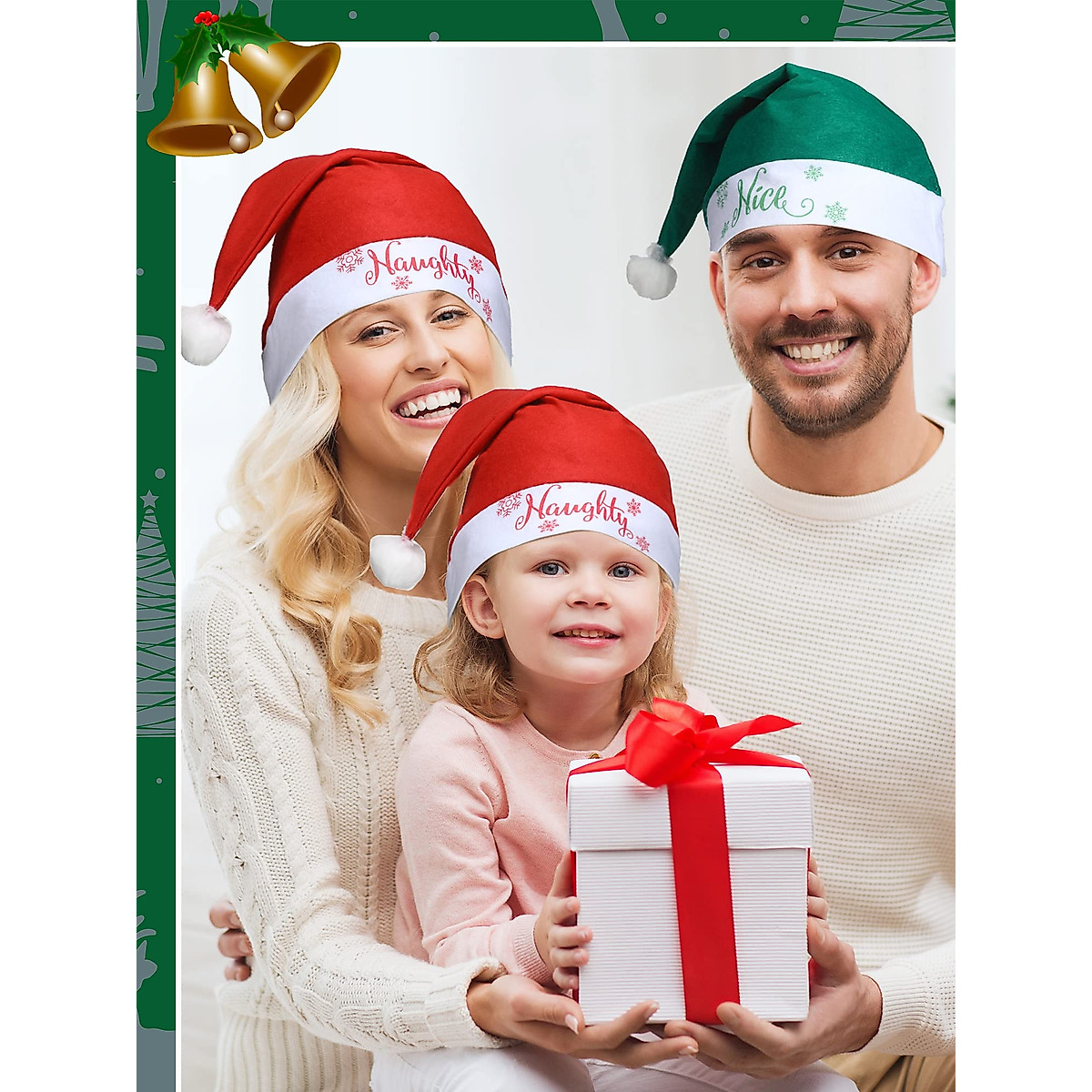 Leumoi 50 Pieces Naughty and Nice Plush Christmas Santa Hats Decorative Red and Green Christmas Hat Xmas Santa Hats for Adults Kids Women Men Funny Decoration Holiday Party Costume Supply