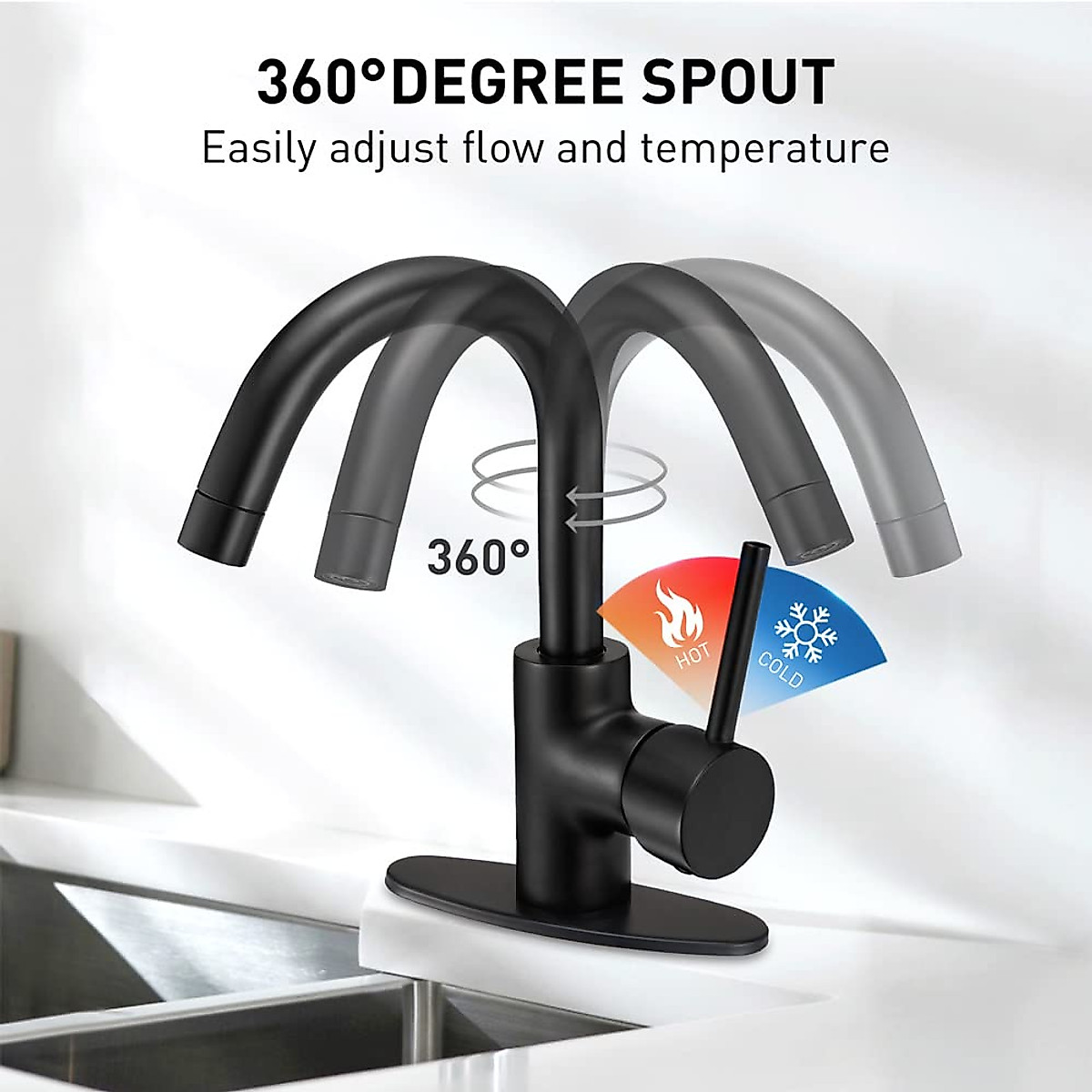 PHICHI Matte Black Bar Sink Faucet, Single Handle 1 Or 3 Hole Stainless Steel Gooseneck Faucets for Bathroom Outdoor with Hot & Cold Water Supply Lines