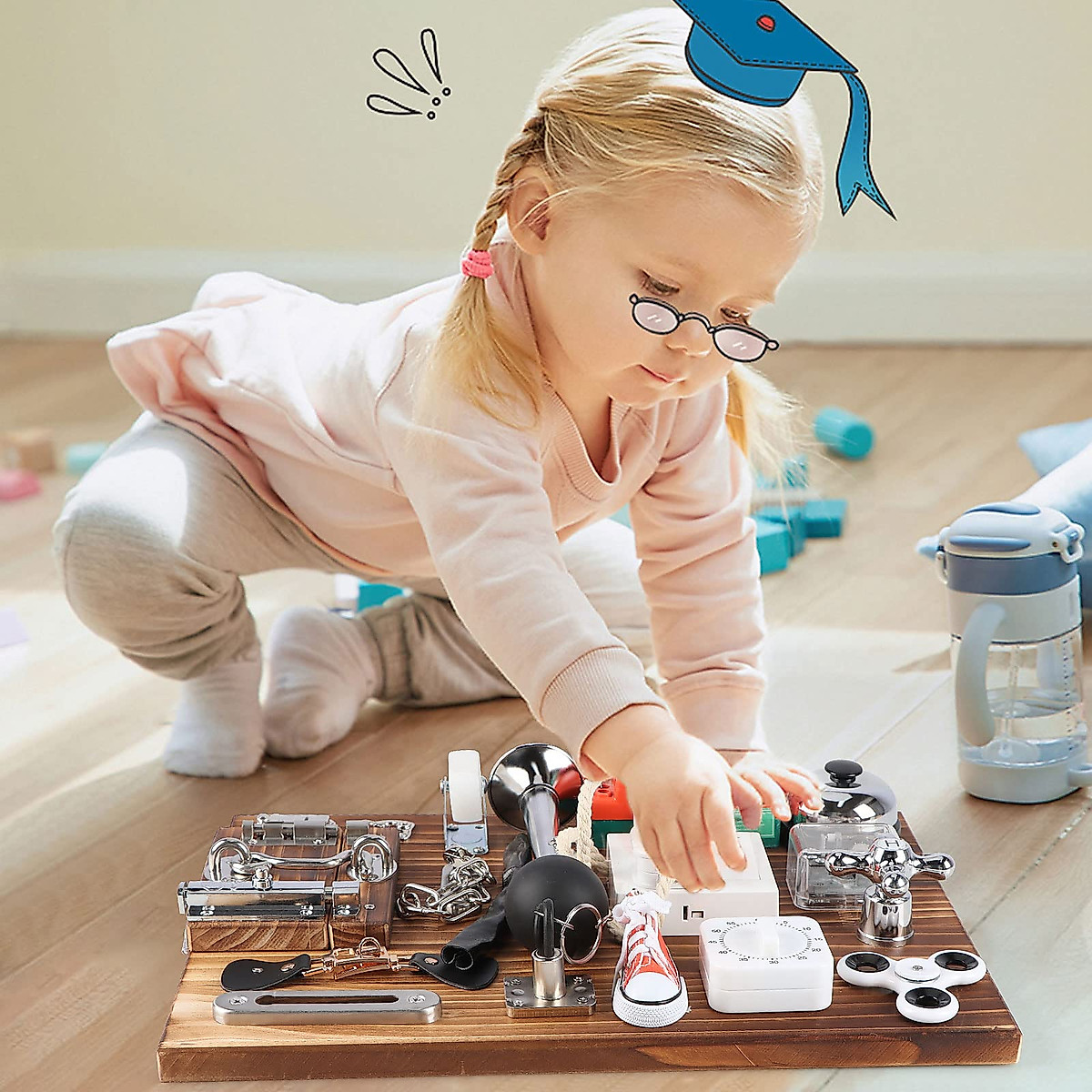 Canuan 20-in-1 Busy Board for Toddlers Travel Toy Activity Board for Fine Motor Skills Busy Board Toys for 3 Years Old Kids with Switch, Locks, Shoe Laces, Music Box