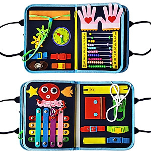 A&K L'YDIA Montessori Busy Board Toys for Toddlers,Educational Preschool Activity Book for 3 4 Year Old Girls and Boys -Activities Board Suit for Fine Basic Dress Motor Skills (Blue)