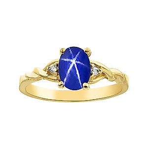 Rylos Diamond & Blue Star Sapphire Ring Set In Yellow Gold Plated Silver Solitaire