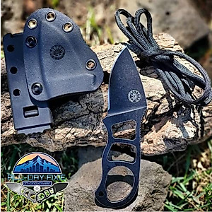 Off-Grid Knives - Compact EDC Fixed Blade Knife with Cryo D2 Steel, Paracord Rope, Neck Knife, Belt Clip, Scout & Vertical Carry, Kydex Sheath (Blackout)