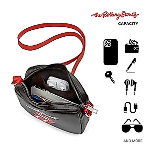 Rolling Stones Majesties Collection Crossbody Bag for Women, Men, Girls, and Teens, Officially Licensed Lightweight Vegan Leather Purse for Travel, Fits Phone, Wallet, and More, Black/Red