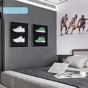 COMSREV Memorabilia Shoe Display Case Wooden Frame Wall Mount Acrylic Clear Door Sneaker Cabinet Containers Storage Shelves Boxes 98% UV Protection Lockable（Double Shoe-Black）