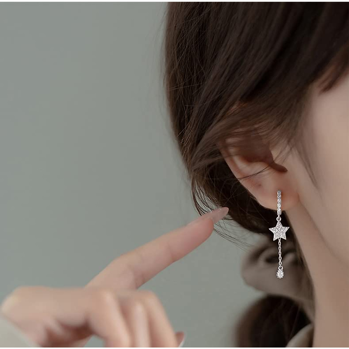 SLUYNZ 925 Sterling Silver CZ Star Dangle Hoop Earrings for Women Asymmetric Star Earrings Chain (A-Silver)