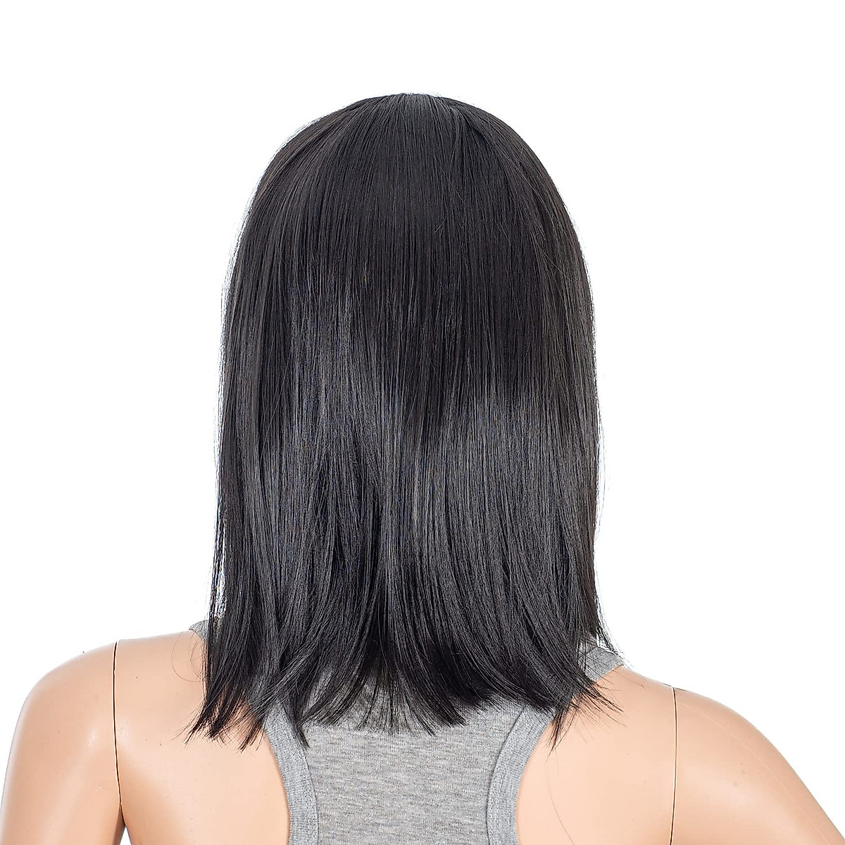 SWACC Short Straight Bob Wig with Bangs Synthetic Colorful Cosplay Daily Party Flapper Wig for Women with Wig Cap (Black-1B)