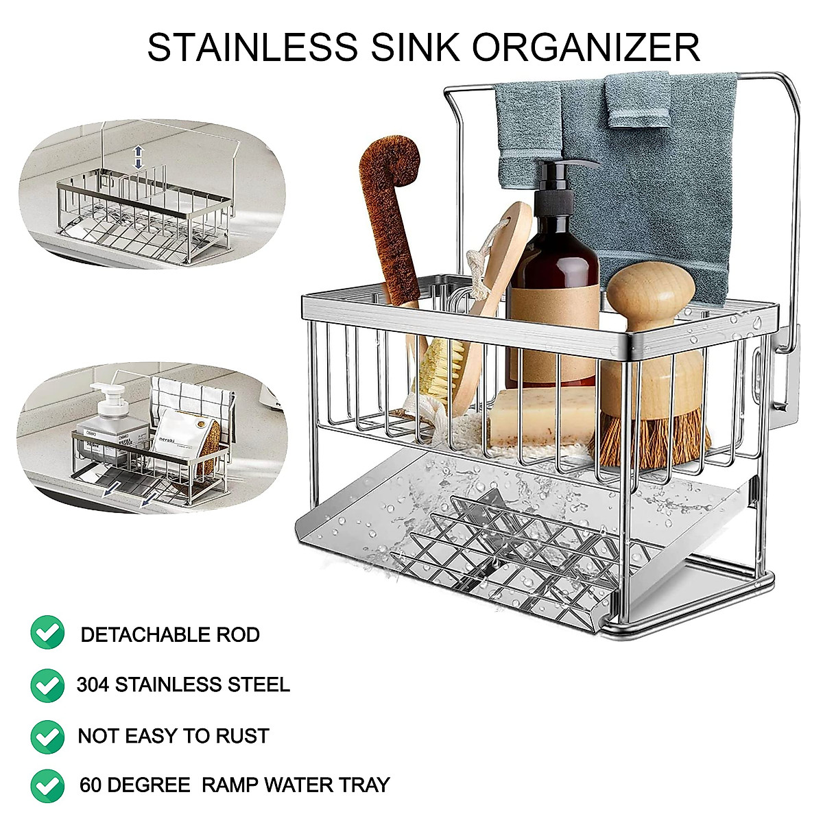 Sink Organizer and Sponge Holder, 304 Stainless Steel Rustproof, Adjustable, Self-Draining Sink Caddy for Sponges, Brushes, Dish Soap,Kitchen Towel,Kitchen Rags