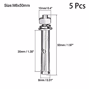 5 Pcs M6 x 50mm 304 Stainless Steel Expansion Bolt External Hex Expansion Screw Bolt Sleeve Anchor，Pool Safety Cover Expansion Bolts，for Concrete