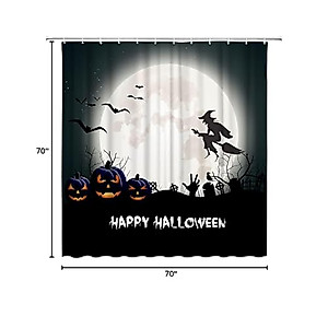 PZMPZM Halloween Shower Curtain Witch Pumpkin Lanterns Full Moon Tombstone Bats Crow Pattern Party Backdrop Cloth Bathroom Polyester Fabric Curtains with Hooks 70Wx70H inch