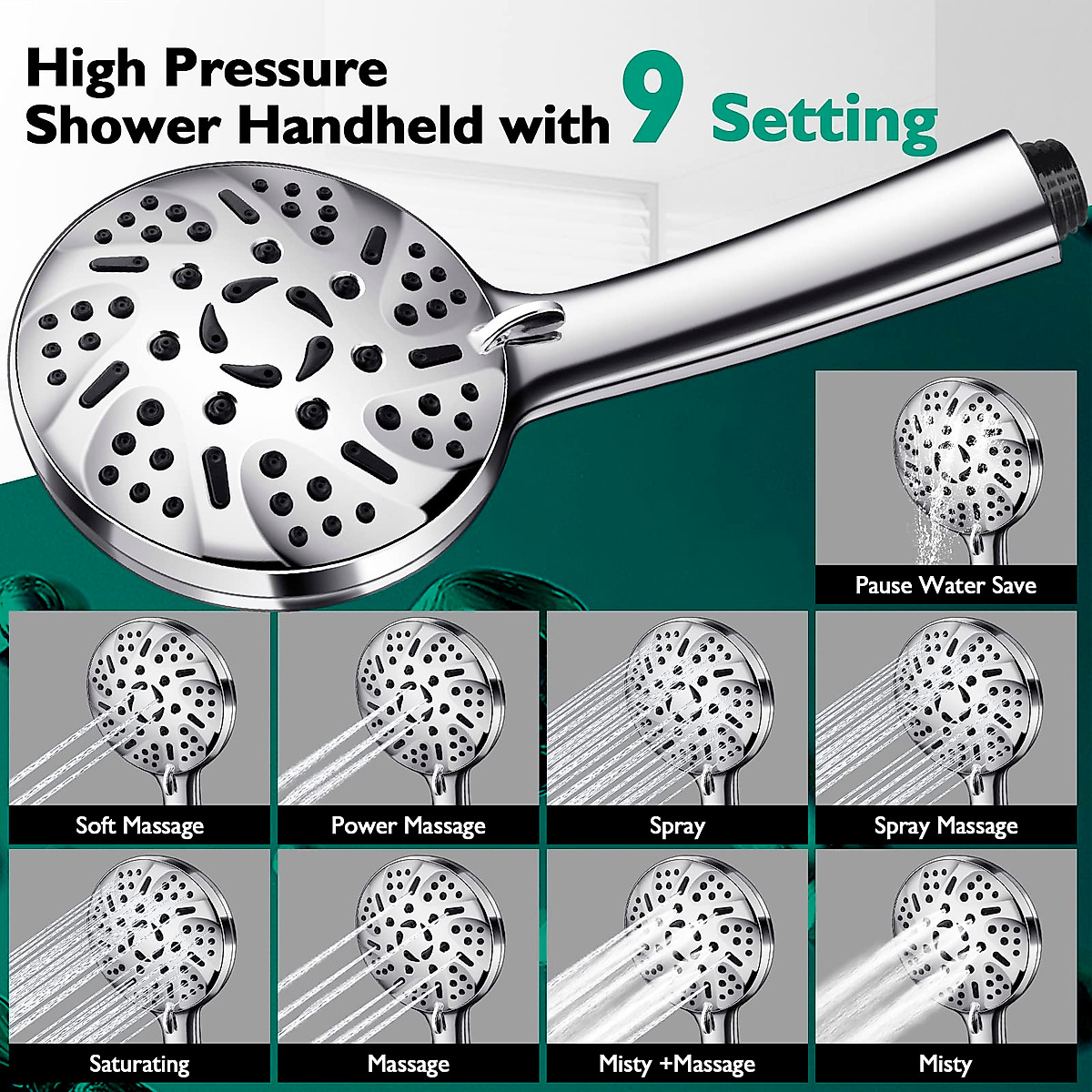 PinWin Dual Filtered Shower Head,Upgraded 10''Rain Shower Head with 12'' Z-Shaped Adjustable Extension Arm & 9-Setting High Pressure Handheld Shower Head Combo,Shower Head Filter for Hard Water,Chrome