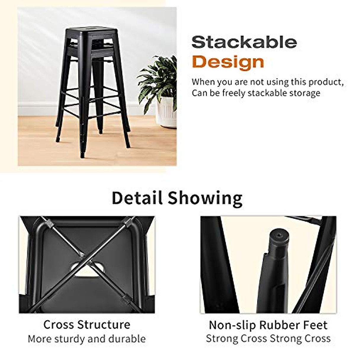 Furmax 30 Inches Metal Bar Stools High Backless Stools Indoor Outdoor Stackable Stools Set of 4 (Black)