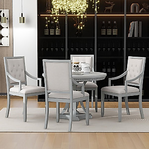 SIYSNKSI Retro 5-Piece Dining Table Set, Extendable Round Table with 4 Chairs, Solid Wood Kitchen Set for Kitchen Dining Room, Kitchen Furniture Set for 4 (Antique Gray + MDF-45)