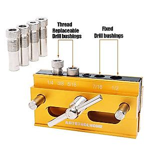 AUTOTOOLHOME Gold Self Centering Doweling Jig Kit 2 inch 6PC Drill Guide Bushings Set Adjustable Width Wood Dowel Jig Woodworking Joints Tools