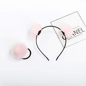 lasenersm 6 Pieces 3 Pairs Fluffy Furry Pom-Ball Headband and Elastic Hair Ties Fuzzy Faux Fur Animal Ears Double Pom-Headband Pom-Ball Hair Band for Girls and Women