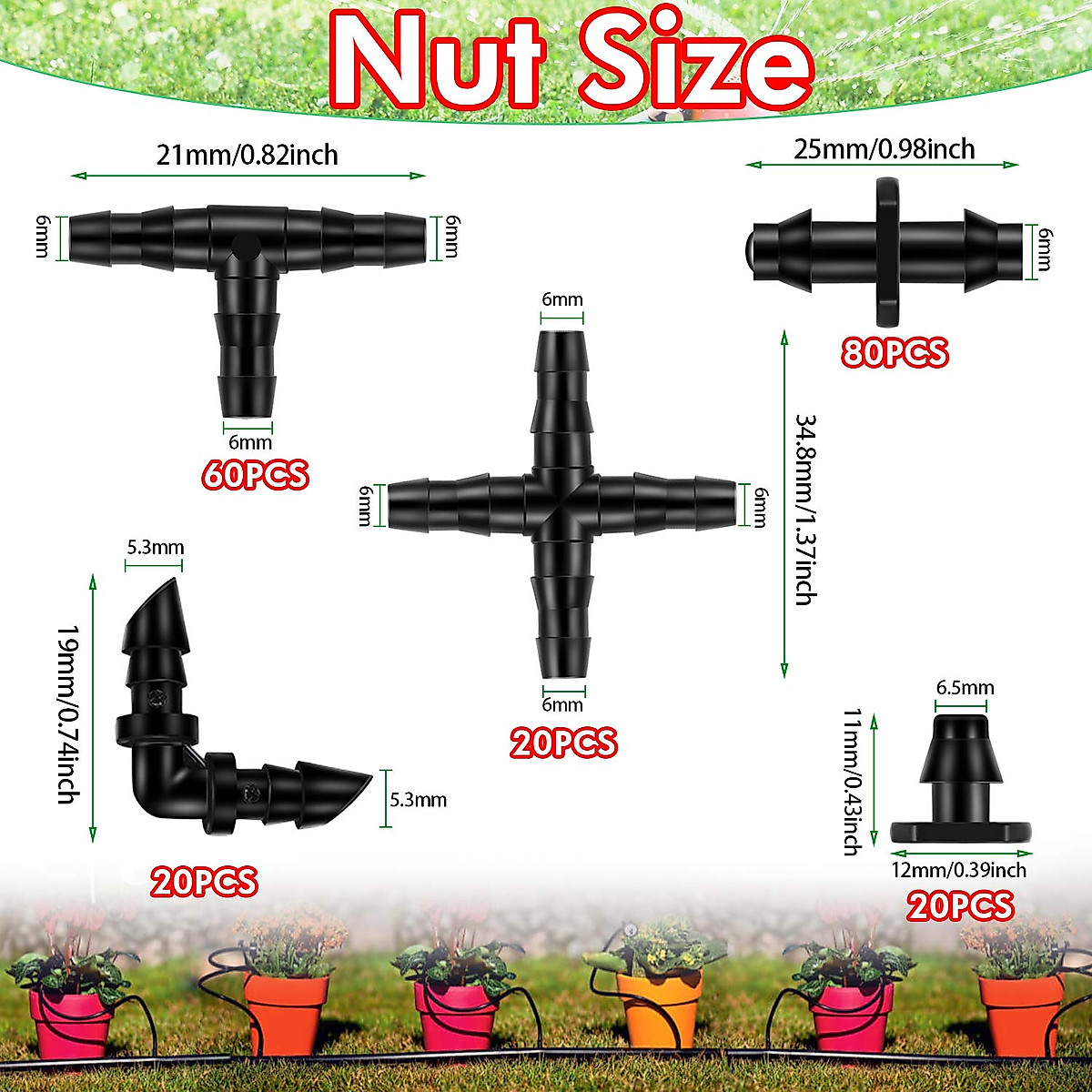 200 Pieces Irrigation Fittings Kit, Drip Irrigation Barbed Connectors for 1/4 Inch Water Hose Connectors, 80 Straight Barbs 60 Tees 20 Elbows 20 End Plug 20 4-Way Coupling for Garden Lawn Drip Systems