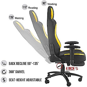 Gaming Chair Racing Footrest Massage Computer - Cushioned Comfort High Back PU Leather USB Vibrator Ergonomic Recliner Home Office Video Game for Kids for Gift for PS5 (Yellow, D06)