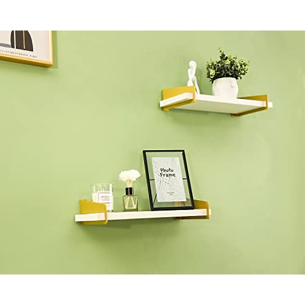 Firsttry Floating Shelves ,Gold Metal Brackets White Rustic Wood Wall Storage Shelf , Photo Display Ledges,for Bathroom, Living Room, Bedroom, Kitchen, Office, Bookshelf。