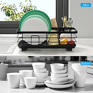 ZUIKEMX Upgraded Dish Drying Rack, Dish Racks for Kitchen Counter, Auto-Drain, Large Capacity, Space-Saving Dish Rack with Cutlery Holder, 16.9''L x 12.6''W, Black