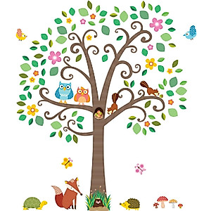 DECOWALL SG-2106 Large Scroll Tree and Animals Kids Wall Stickers Wall Decals Peel and Stick Removable Wall Stickers for Kids Nursery Bedroom Living Room d?cor
