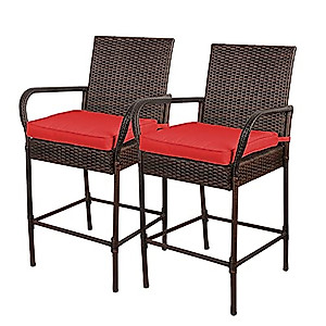 HARBOURSIDE Patio Wicker Bar and Stool Chairs, Outdoor Counter Height Stools Set of 2, All-Weather Dinning Chair with Red Cushion for Garden, Yard, Poolside, Brown Wicker and Steel Frame