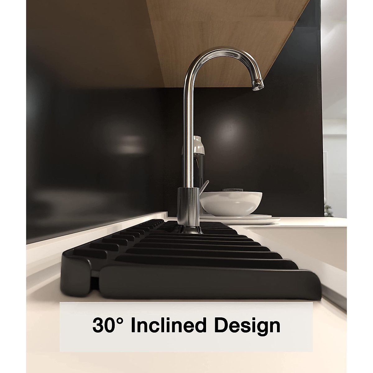 BLISSY LIFE Kitchen Sink Splash Guard - Silicone Mat Behind Faucet, Handle Drip Water Catcher Tray, Counter Backsplash Protector for Bathroom Kitchen RVs Farmhouse - 14 Inches (Black)