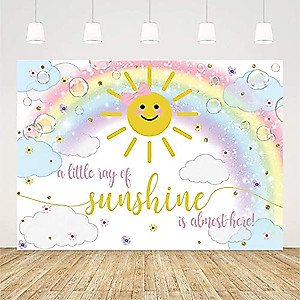 Sendy 7x5ft Rainbow Sunshine Baby Shower Backdrop A Little Ray of Sunshine is Almost Here Oh Baby Party Decorations Banner Cloud Bubble Gold Glitter Photography Background Cake Table Props Supplies