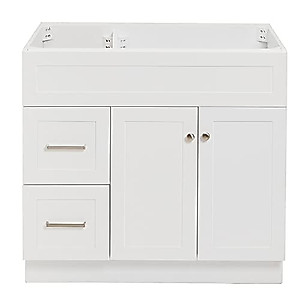ARIEL 36" White Bathroom Vanity Base Cabinet, Right Offset Sink Configuration, 2 Soft-Closing Doors, 2 Full Extension Dovetail Drawers, 1 Enclosed Large Storage Shelf, Brushed Nickel