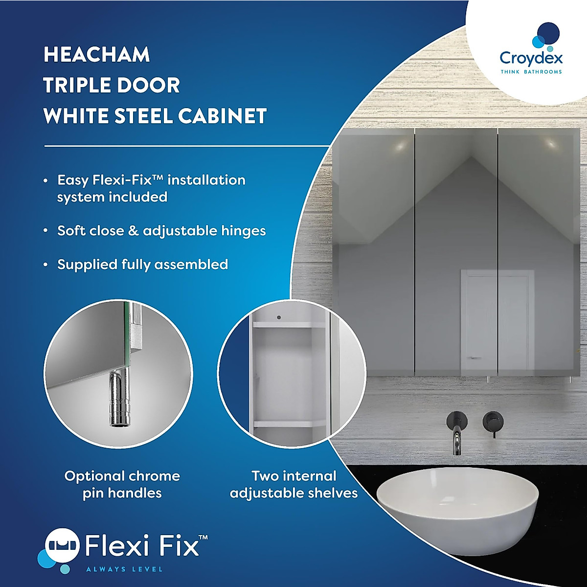 Croydex Heacham 30-Inch x 30-Inch Triple Door Tri-View Cabinet with Hang 'N' Lock Fitting System