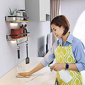 EAVA Floating Shelves, Lighted Wall Mounted Shelves,Paulownia Wood Wall Storage Shelves for Bathroom, Kitchen and Bedroom,Set of 2 with Removable Towel Holder and Hooks.