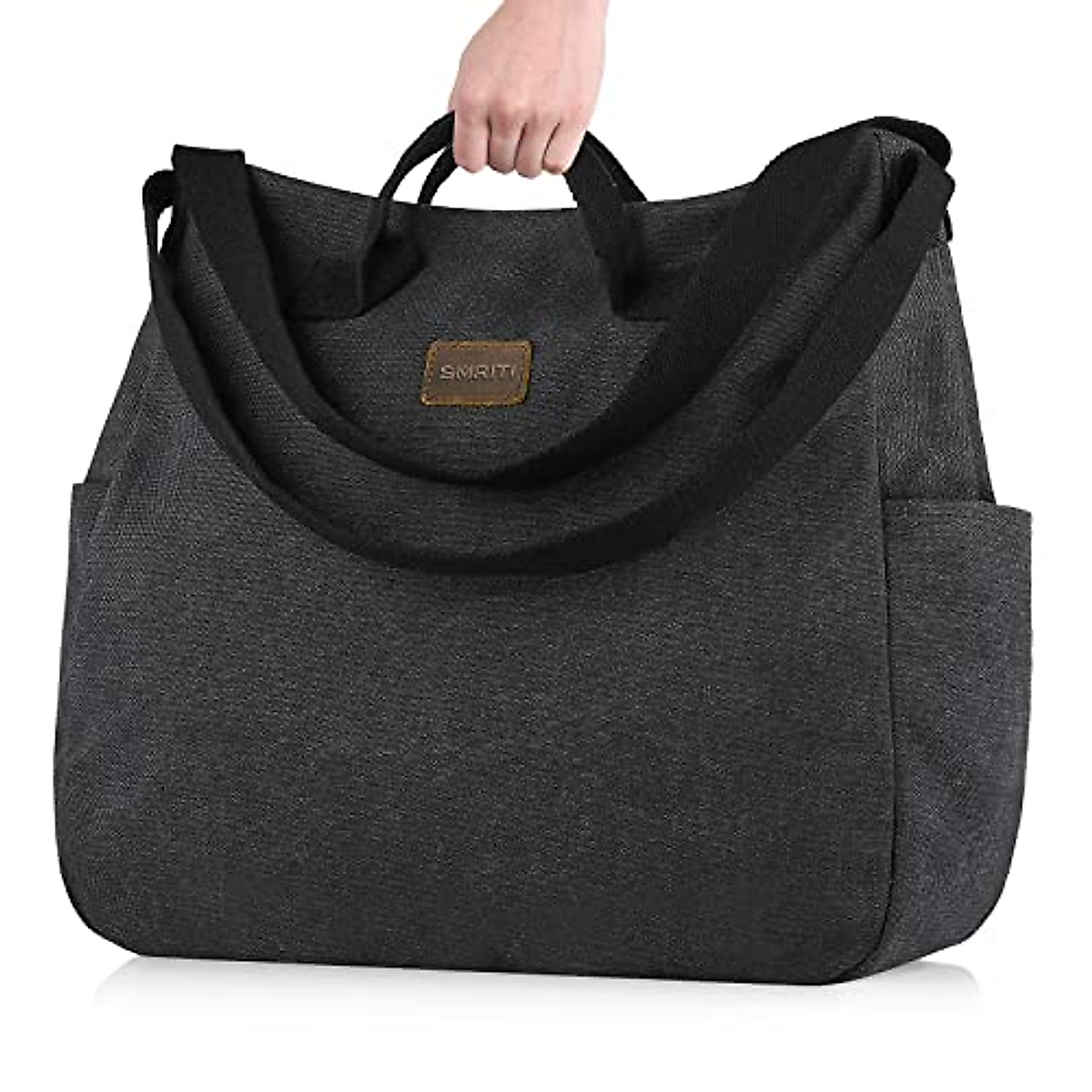 SMRITI Large Size Canvas handbags for women，shoulder bag with hand, hobo bags for women with Zipper Closure and metal concealed buckle(Black)