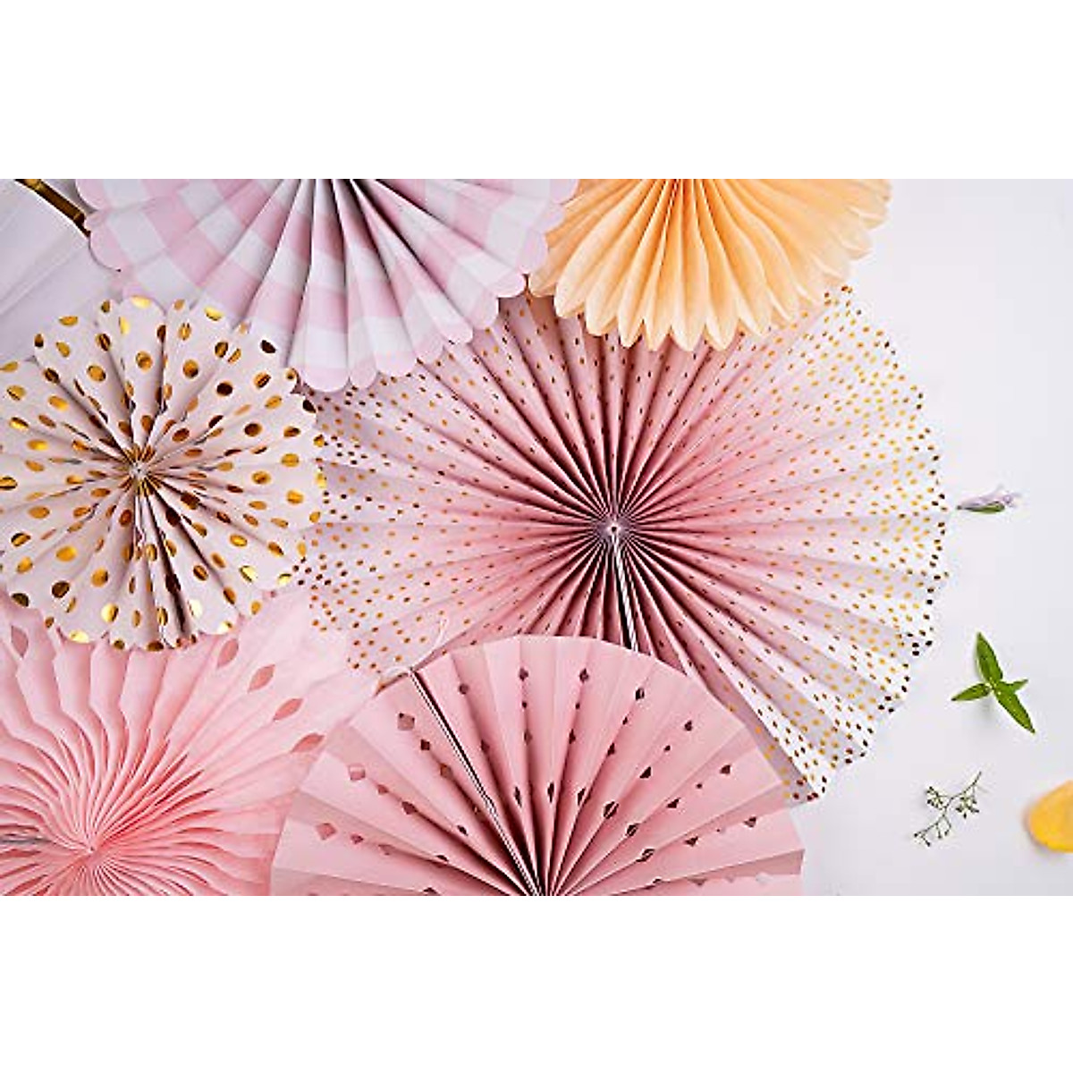 PapaKit Origami Wall Decoration Set (8 Assorted Round Paper Fans) Birthday Party Baby Shower Wedding Events Decor | Creative Art Design Pattern (Sparkling Pink Rose Blush, 8 Piece Set)
