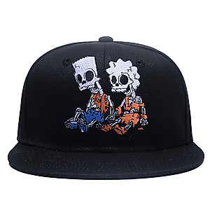 Quanhaigou Cute Skull Zombie and Skeleton Embroidery Snapback Hat, Unisex Adjustable Flat Bill Baseball Cap
