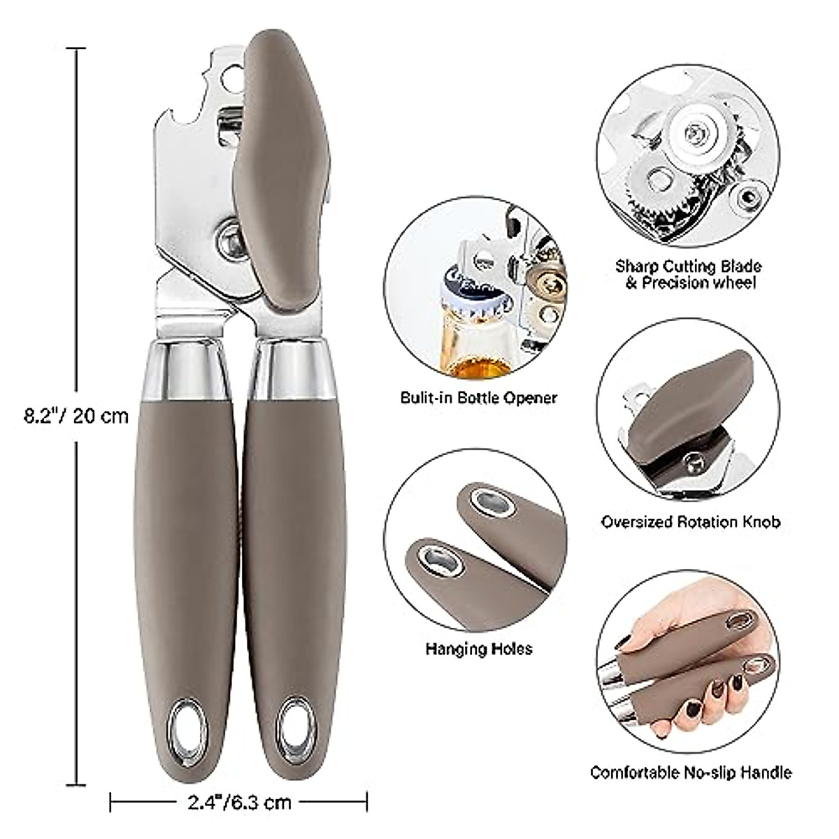 Can Opener Manual, TJ POP Can Opener, Heavy Duty Hand Held Can Openers, Stainless Steel Can Opener Smooth Edge, Easy Turn Knob, with Bottle Opener, Kitchen Gadgets Brown