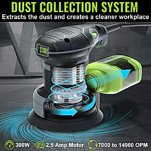 WORKPRO 5-Inch Random Orbit Sander, 6 Variable Speeds 7000 to 14000 RPM, 2.5 Amp Electric Sander for Woodworking with Dust Collector, 15pcs Sandpapers