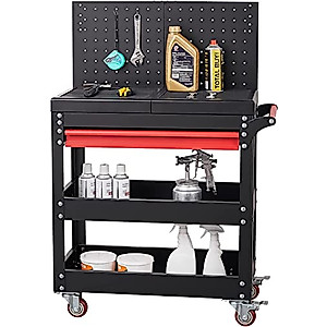 WIILAYOK Tool Cart, 3 Tier Rolling Tool Cart on Wheels with Storage Drawers & Sliding Top, Removable Pegboard, Industrial Service Utility Tool Cart for Mechanics, Garage, Workshop