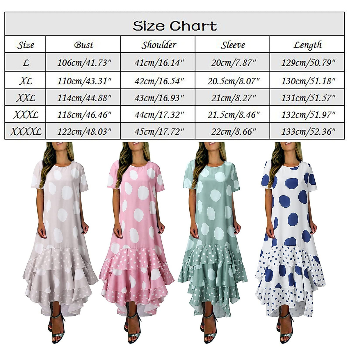 Cnebo Business Dresses for Women 2023 Ladies Short Sleeve Round Neck Polka Dot Prints Side Pockets Long Dress