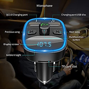 Bluetooth FM Transmitter for Car, RIIKUNTEK FM Transmitter Wireless Radio Adapter Car Kit with Dual USB Car Charger, Hands Free Calling, Blue Light, Support TF Card, USB Disk Black
