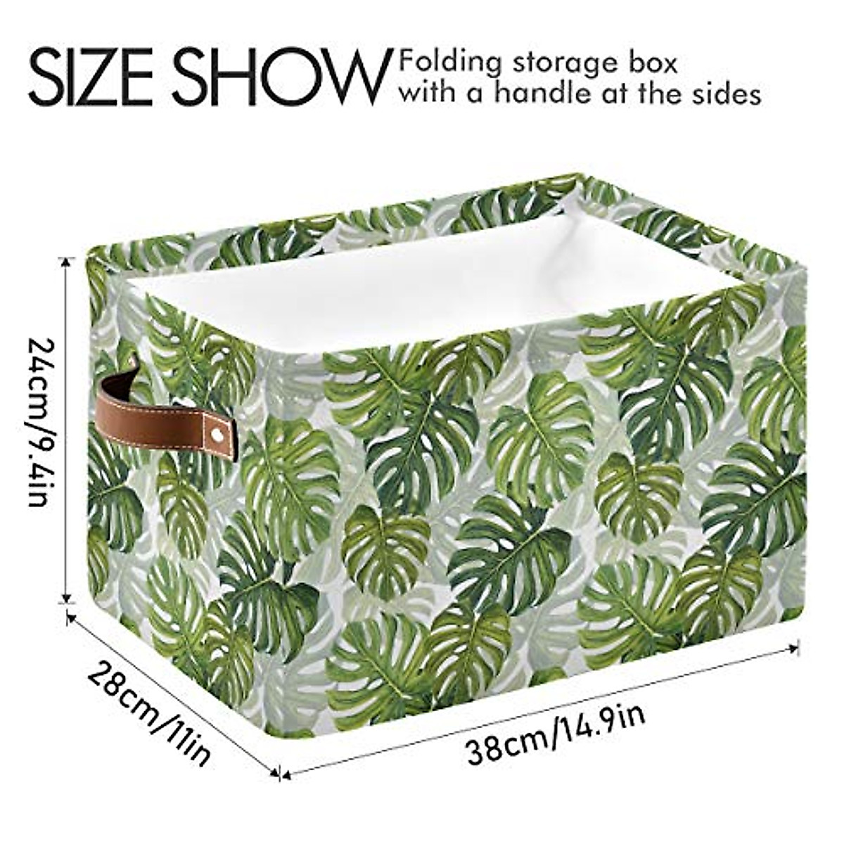 senya Large Foldable Storage Basket, Tropical Pattern Green Leaves Fabric Storage Bin Organizer Bag with Handles 15 x 11 x 9.5 inch