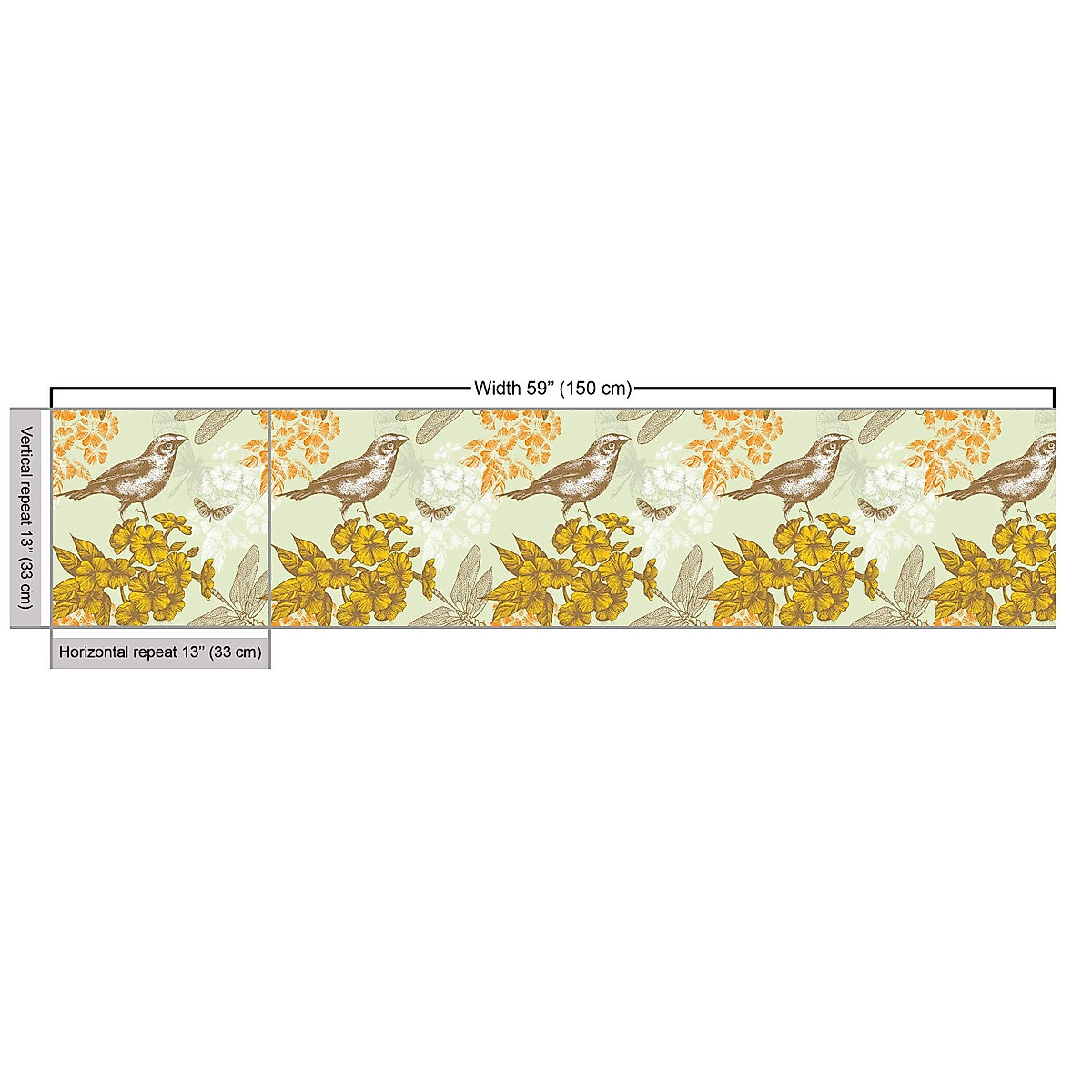 Lunarable Bird Fabric by The Yard, Vintage Composition with Bird Flying Butterflies and Dragonflies Blooming Wildflowers, Decorative Fabric for Upholstery and Home Accents, 1 Yard, Brown Mustard