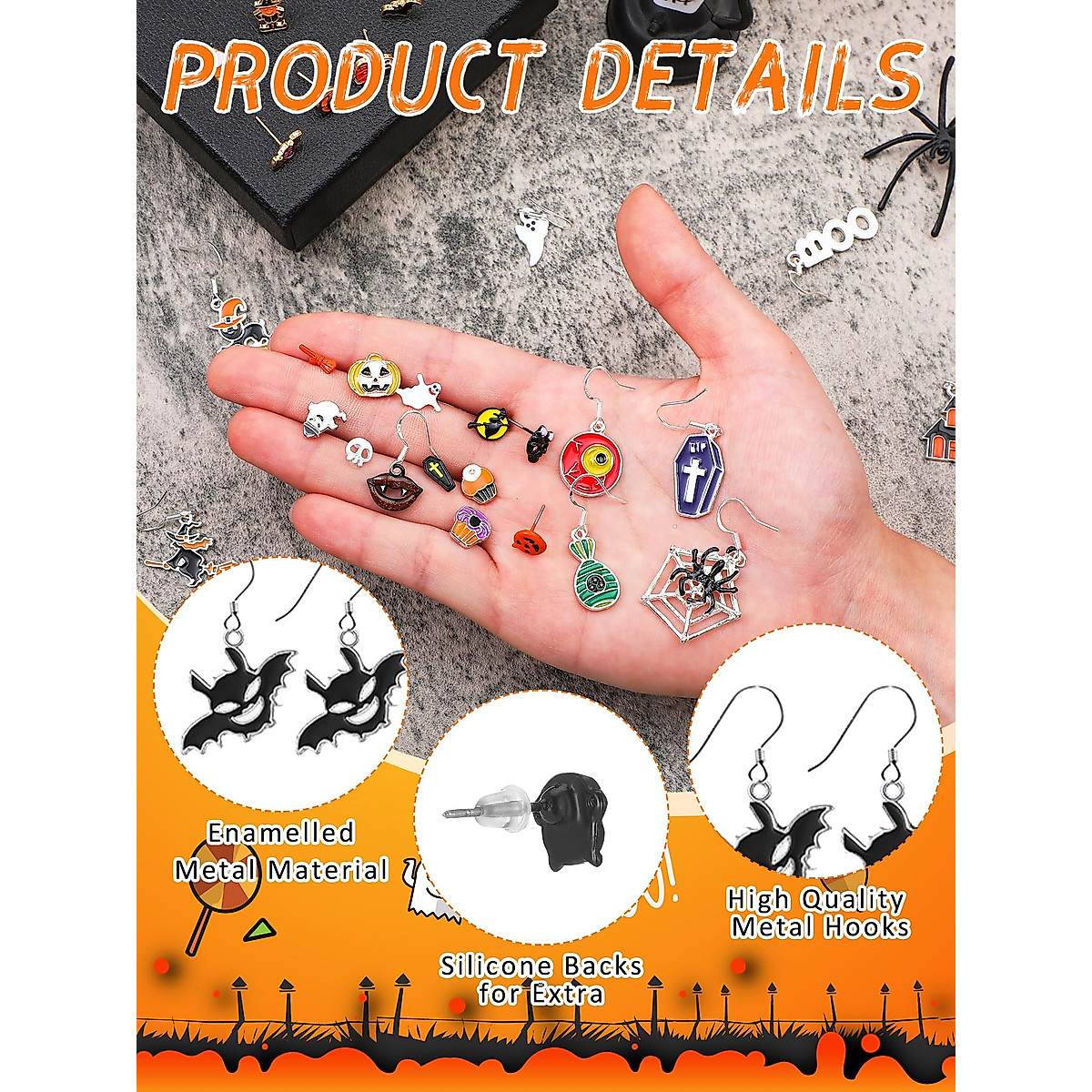 Sasylvia 120 Pairs Halloween earrings Sets Halloween Studs earrings Bulk Bat Cat Witch Stud earrings Set Spider Web Pumpkin Skull earrings Drop Halloween Jewelry for Women Girls for Party
