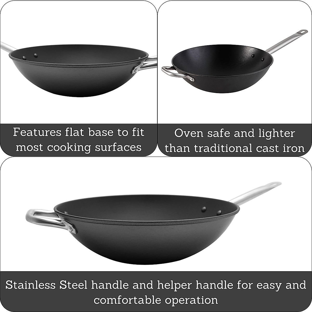 Imusa LCI-19008 Light Cast Iron Wok Pre-Seasoned Non-Stick with Stainless Steel Handles, 14", Black