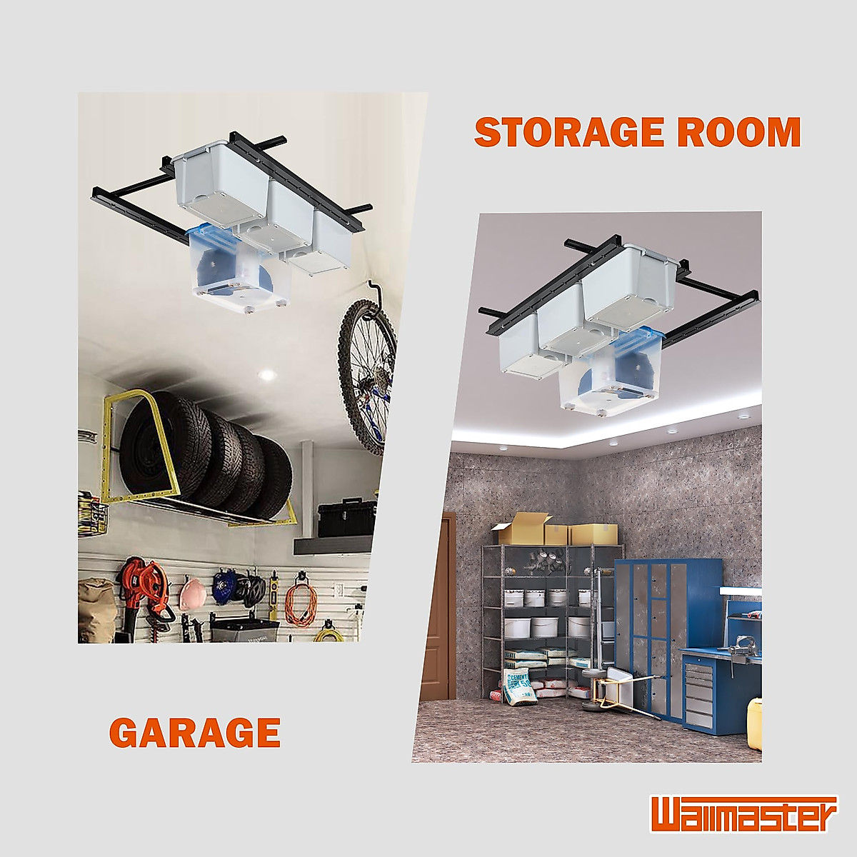 Wallmaster Garage Overhead Storage Rack, Ceiling Bin Organization System With Adjustable Rails, Heavy Duty Metal Overhead Bin Rack Holds Up to 10 Tote Bins