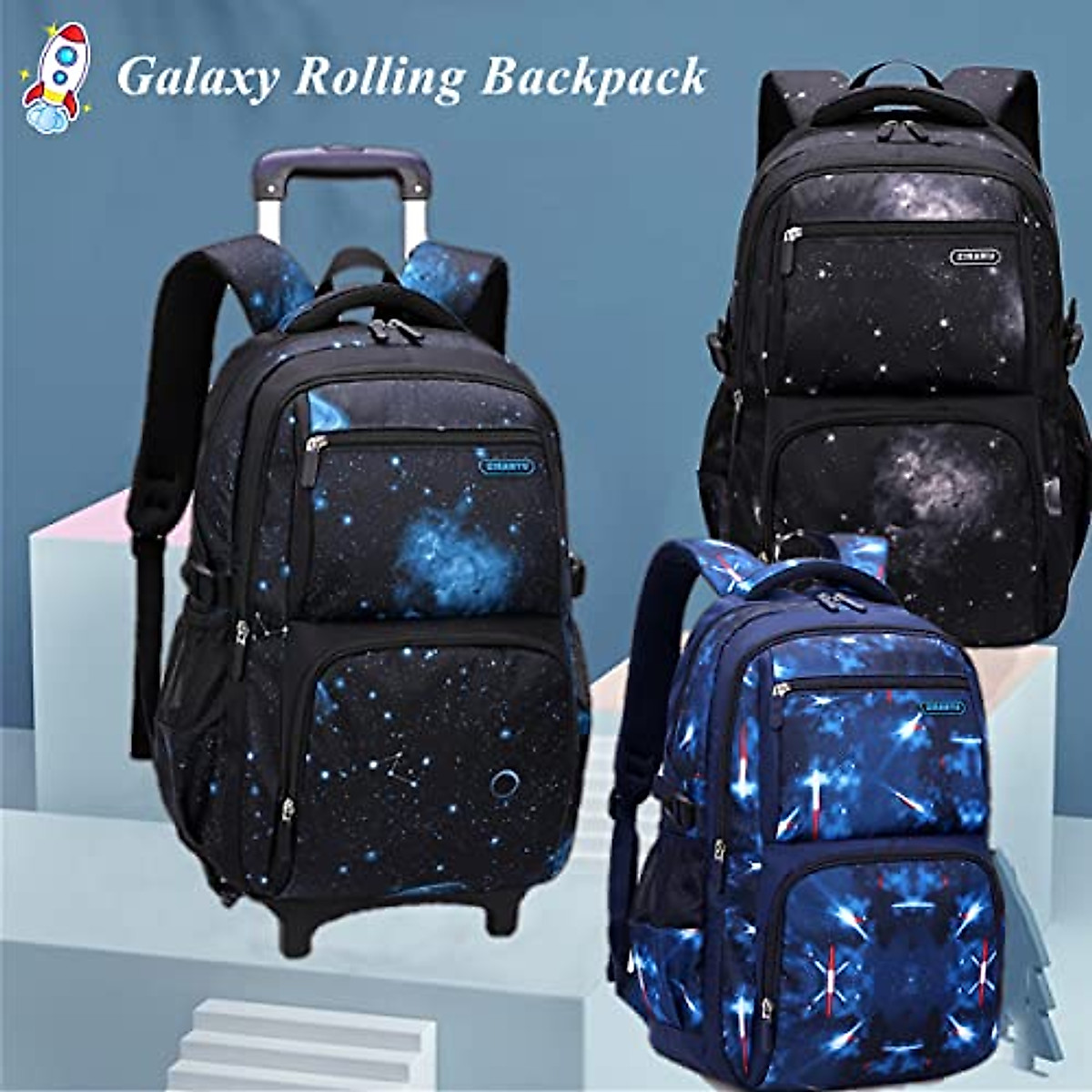 Galaxy Rolling Backpacks for Boys School Elementary, Universe Trolley Boys Backpacks Bookbags with 2 Wheels