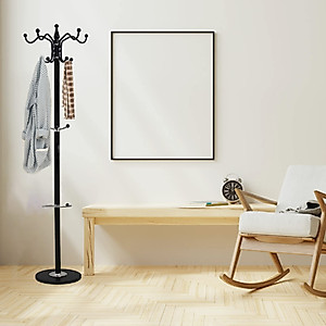 Sifenma Vertical Metal Coat Rack Stand with Marble Base, Clothes Tree, 15 Hooks for Hanging Coats, Jackets, Bags, Home Entrance Hat Hanger Organizer, Umbrella Tree, Freestanding Hall Tree(Black)