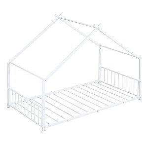 DNYN Twin Size Metal House Bed with Roof Design for Kids Bedroom,Sturdy Steel Bedframe,No Box Spring Needed, White