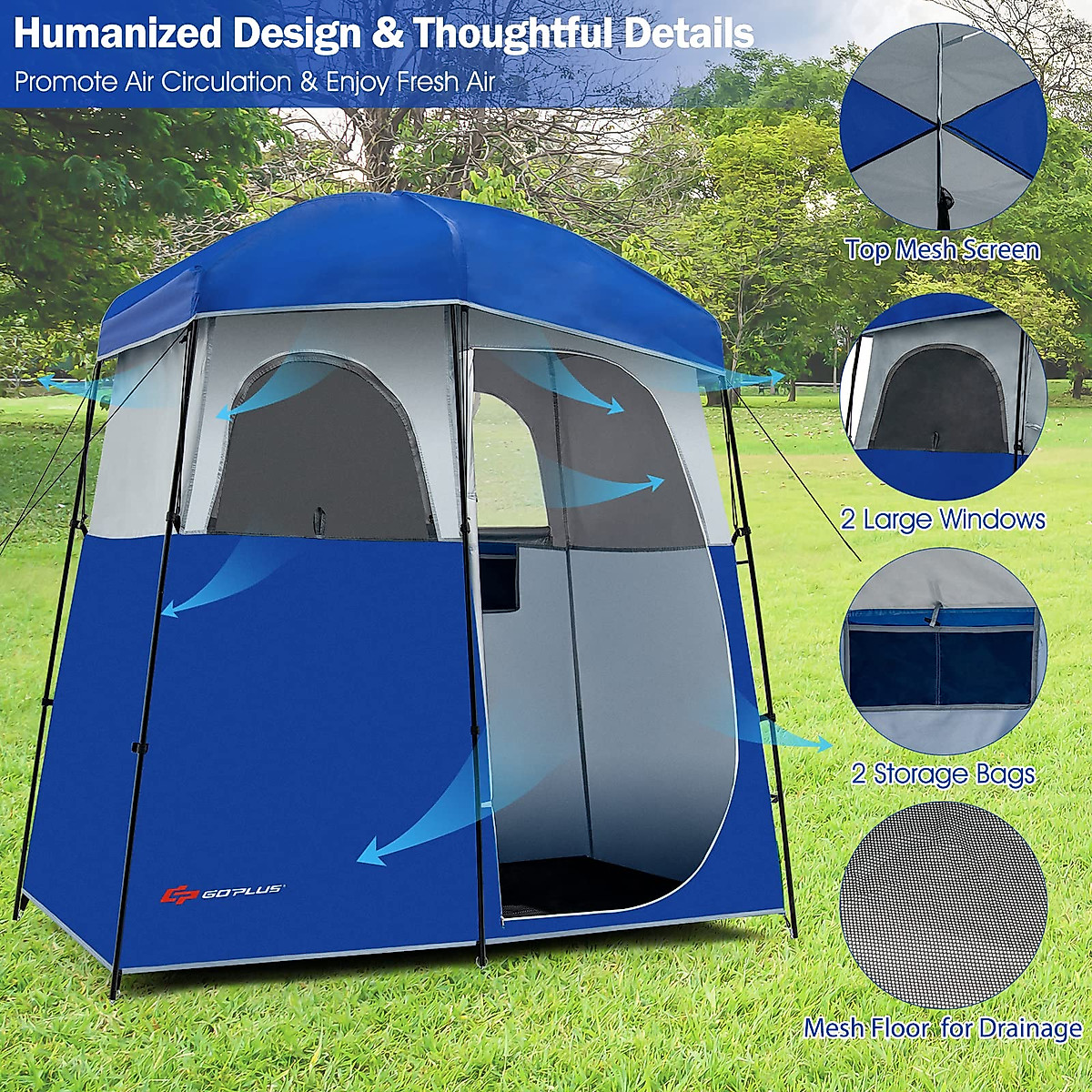 Goplus 2 Room Shower Tent, Portable Camping Changing Tent with Floor Drain,Detachable Rain Fly, Stakes & Ropes, UV Protection, Water Resistant Privacy Tent for Outdoor Toilet, Dressing, 7’ x 3.5” x 7’