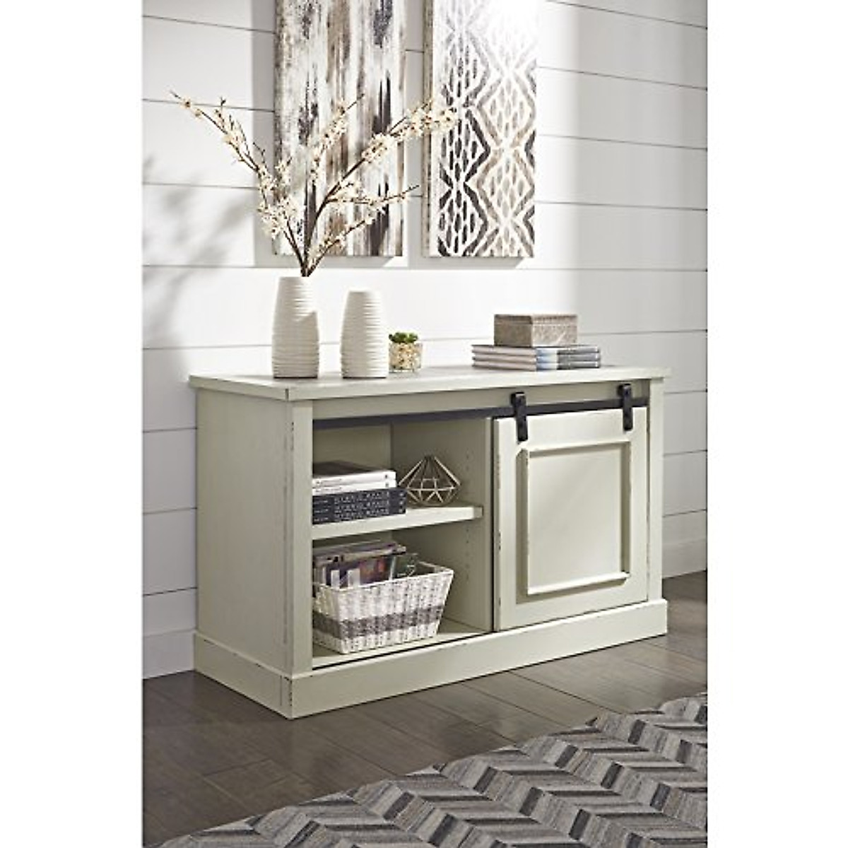 Signature Design by Ashley Jonileene Farmhouse 50" Credenza with Sliding Barn Door, Distressed White