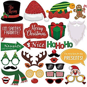 Glitter Christmas Photo Booth Props Kit - 25 Count Large Photography Party Decorations Gifts, Fun Santa Elfie Selfie Posing Signs DIY Craft Backdrop Accessories for Birthday New Year Holiday